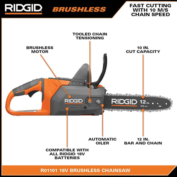 18V Brushless 12 in. Electric Battery Chainsaw (Tool Only) – RIDGID