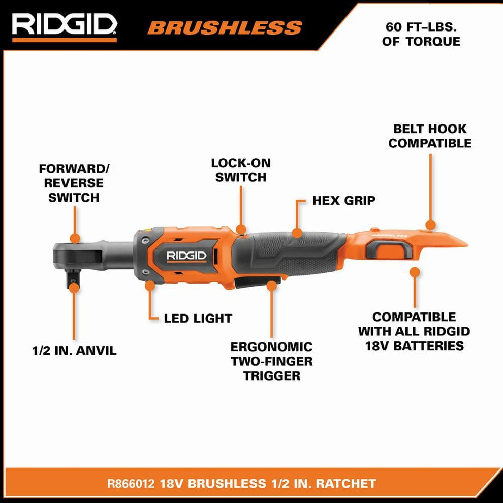 18V Brushless Cordless 1/2 in. Ratchet (Tool Only) – RIDGID