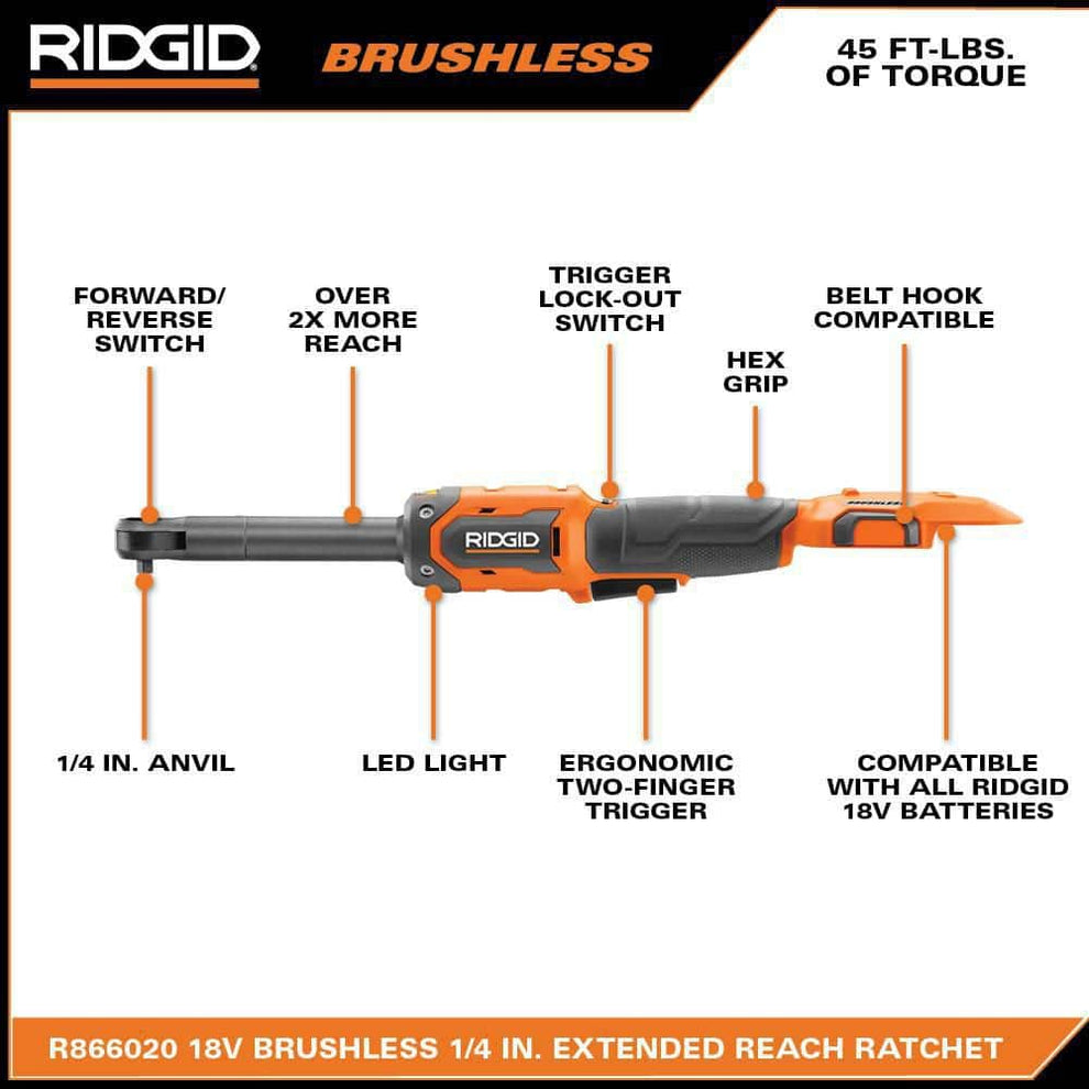 18V Brushless Cordless 1/4 in. Extended Reach Ratchet (Tool Only) – RIDGID