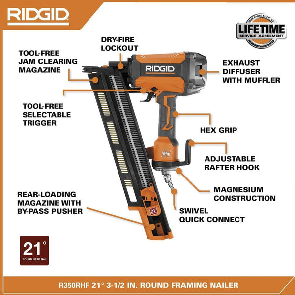 Pneumatic 21-Degree 3-1/2 in. Round Head Framing Nailer – RIDGID