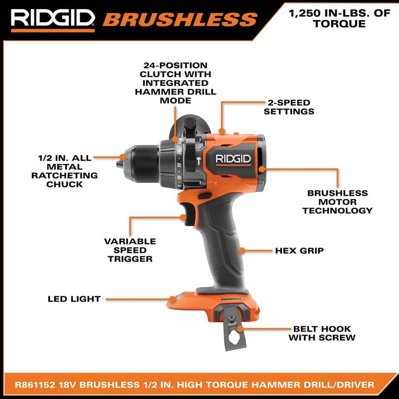 18V Brushless Cordless 1/2 in. High Torque Hammer Drill/Driver (Tool O ...