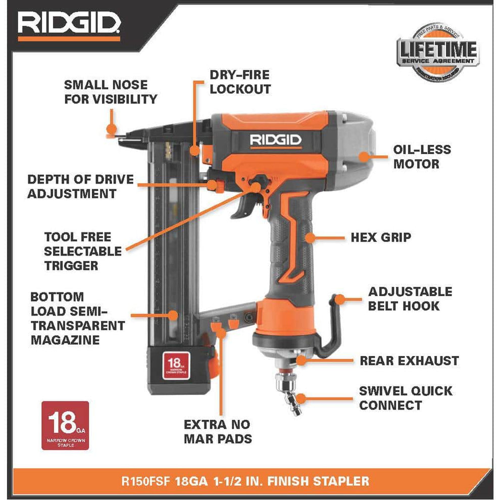 Pneumatic 18-Gauge 1-1/2 in. Finish Stapler with Contractor's Bag – RIDGID